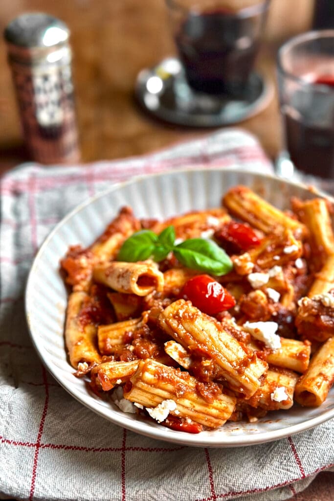 Fresh Rigatoni with Aubergine Ragu and Feta - Not Just Food